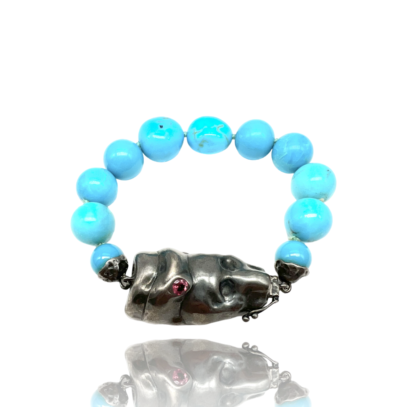 Sterling Silver Big Skull bracelet with turquoise and red tormaline